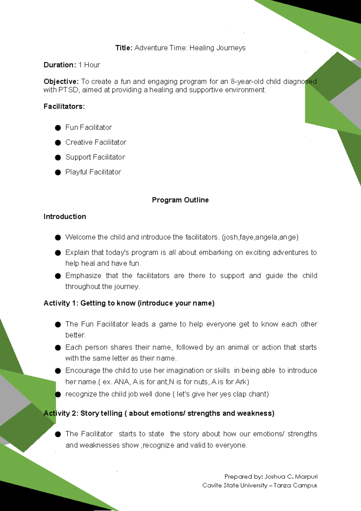 Program clinical intervention - Title: Adventure Time: Healing Journeys ...