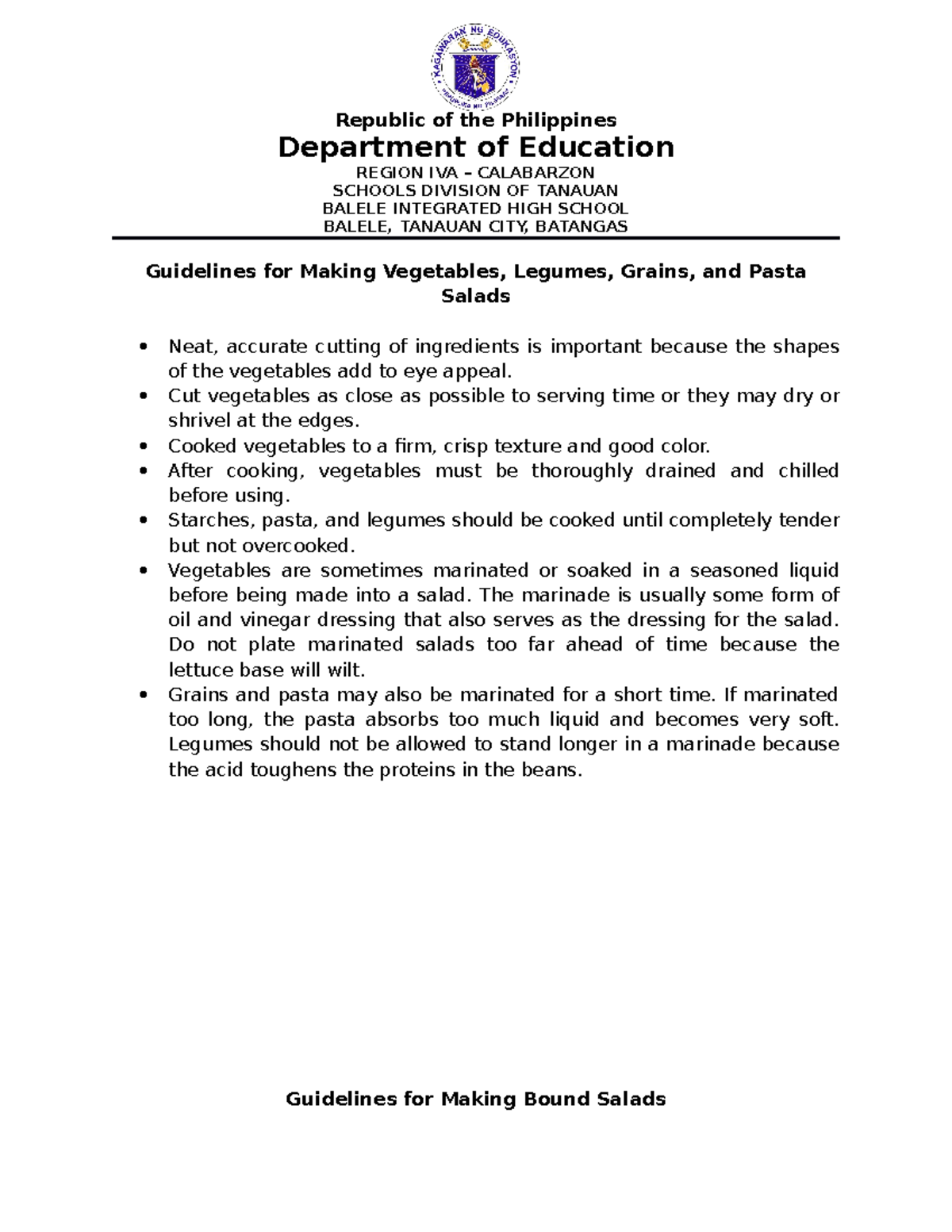 Guidelines for Making salads - Department of Education REGION IVA ...