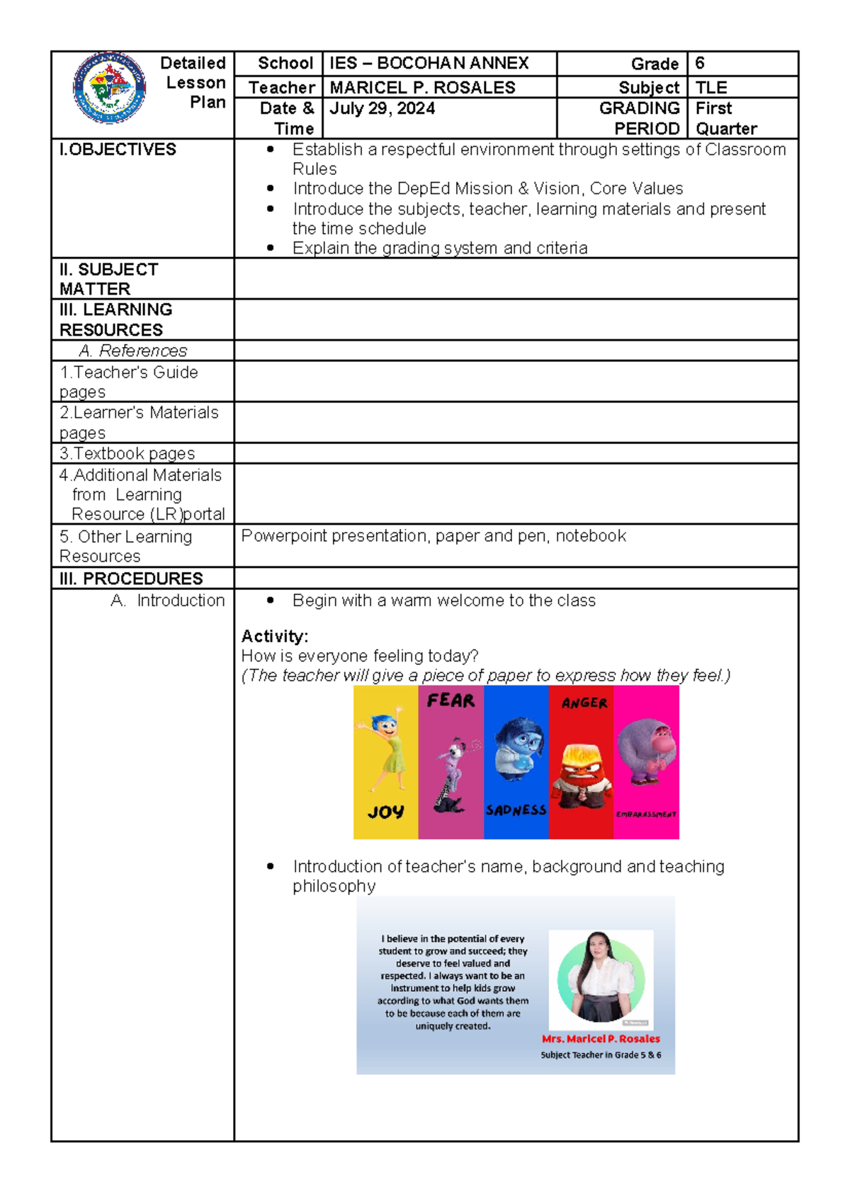 Q1-W1-D1 - DLP FOR CLASS ORIENTATION - Detailed Lesson Plan School IES – BOCOHAN ANNEX Grade 6 ...