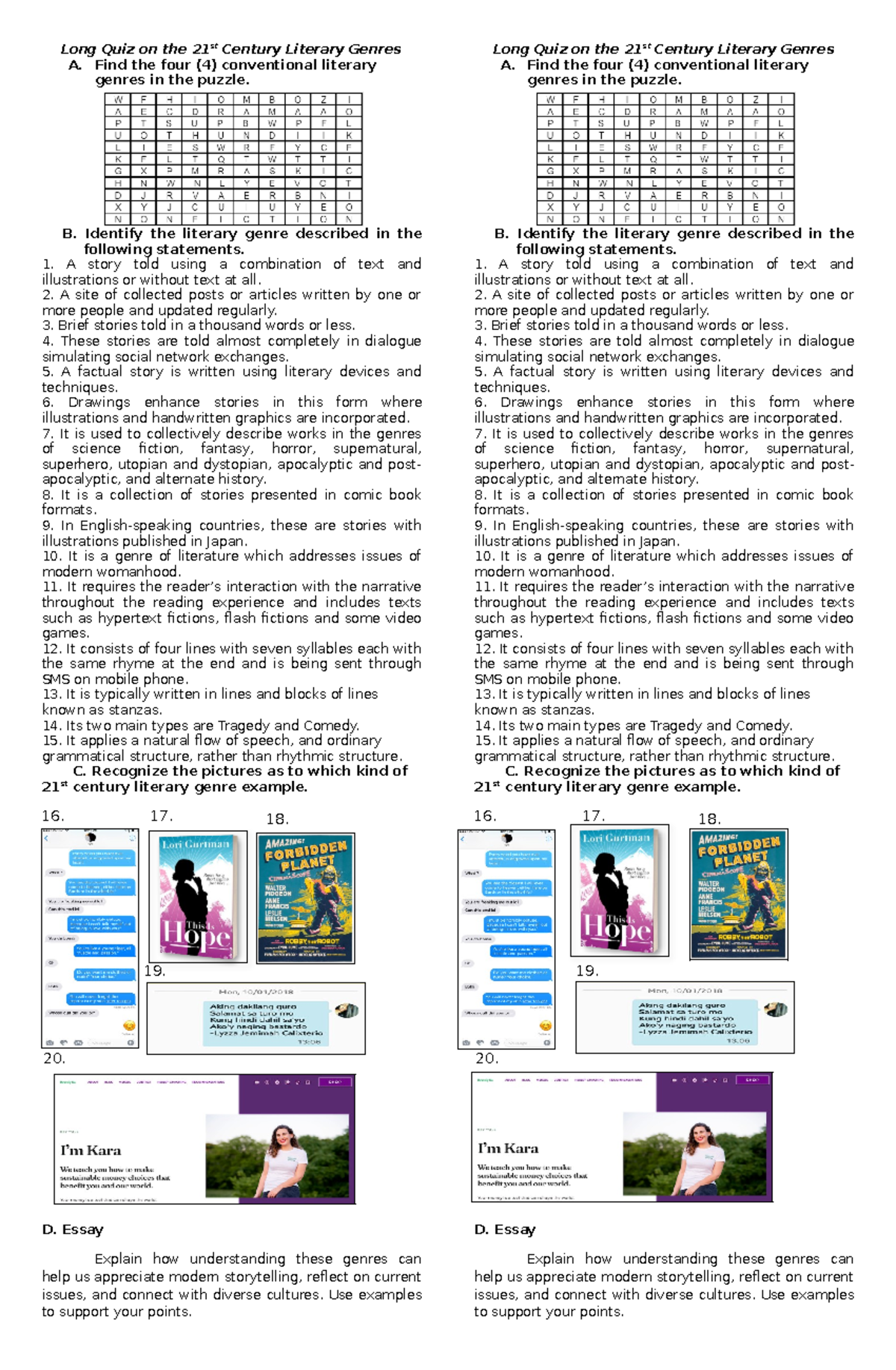Long Quiz on the 21st Century Literary Genres - Find the four (4 ...