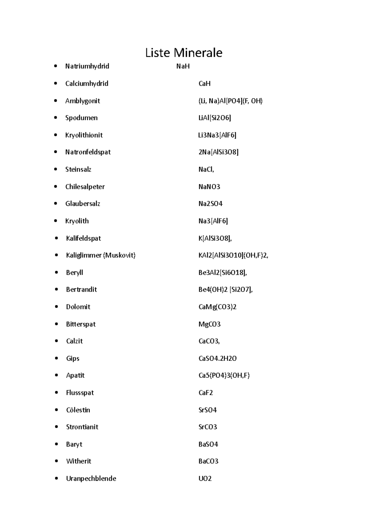 Liste Minerale - Alle Mineralien Zusammengefasst, die im Skript ...