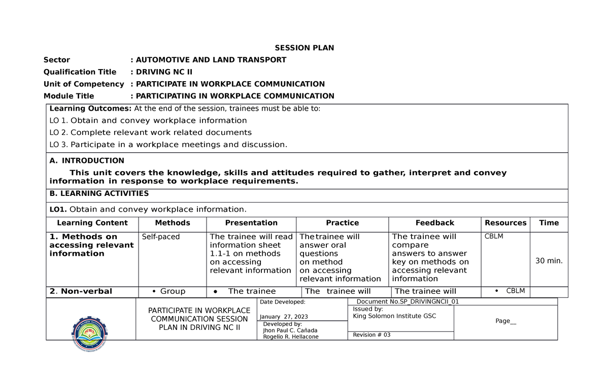 DRV NCII Basic UC1 LO1 LO2 LO3 - SESSION PLAN Sector : AUTOMOTIVE AND LAND TRANSPORT ...