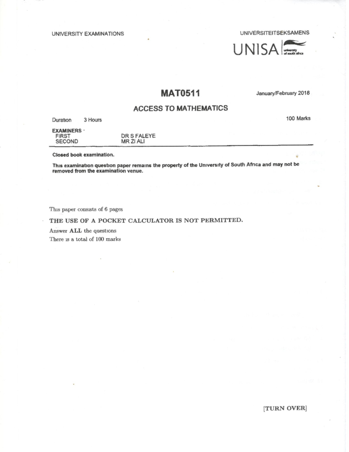 MAT0511 Exam 2018 - MAT0511 - Studocu