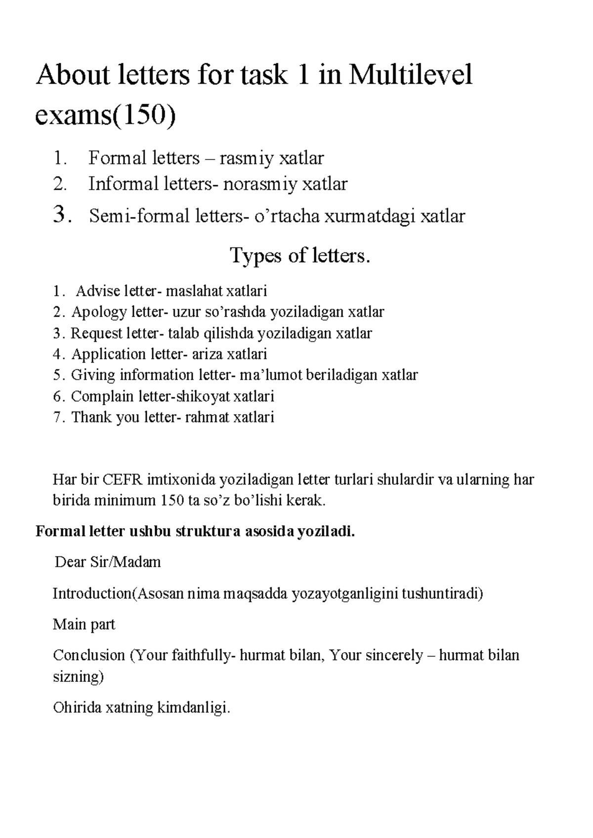 Types of Letters - About letters for task 1 in Multilevel exams(150) 1 ...