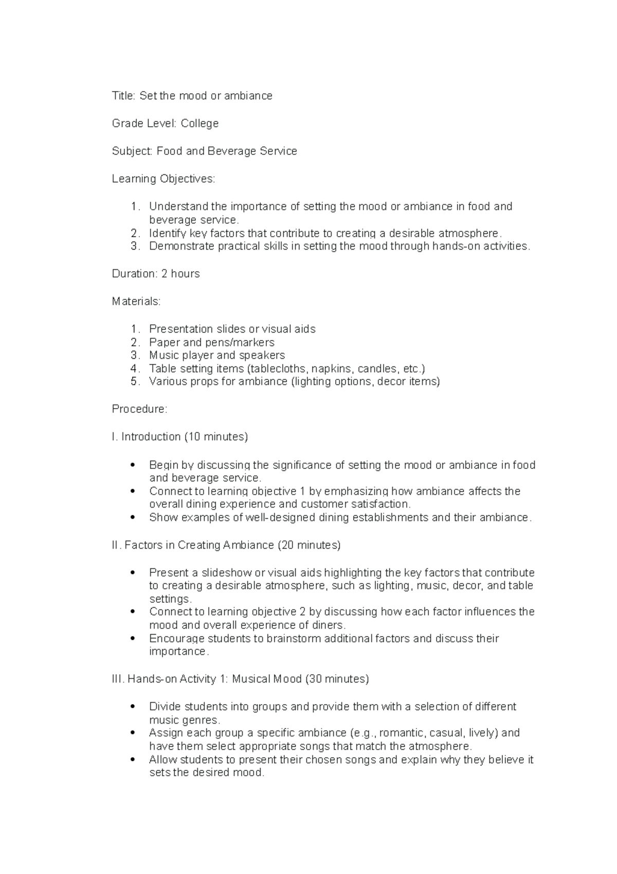 Lesson PLAN FBS - Title: Set the mood or ambiance Grade Level: College ...