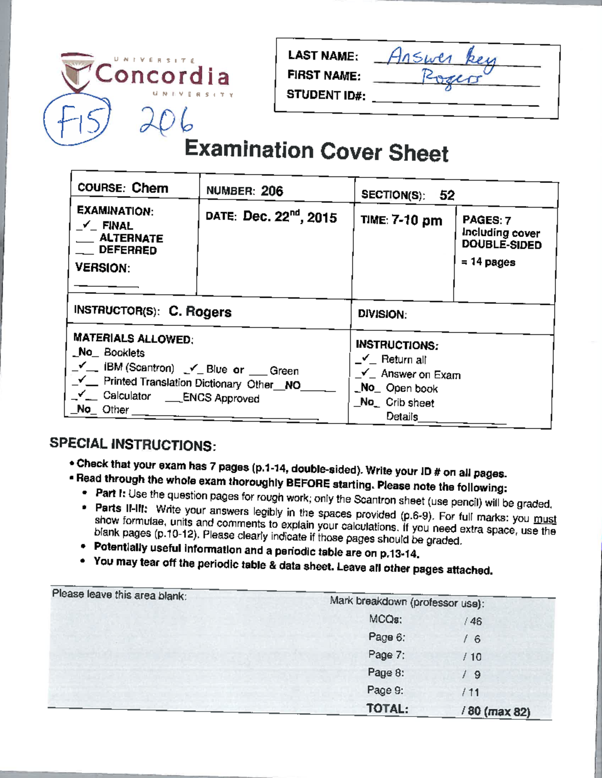 Exam 2015, questions and answers - General Chemistry II - Warning ...