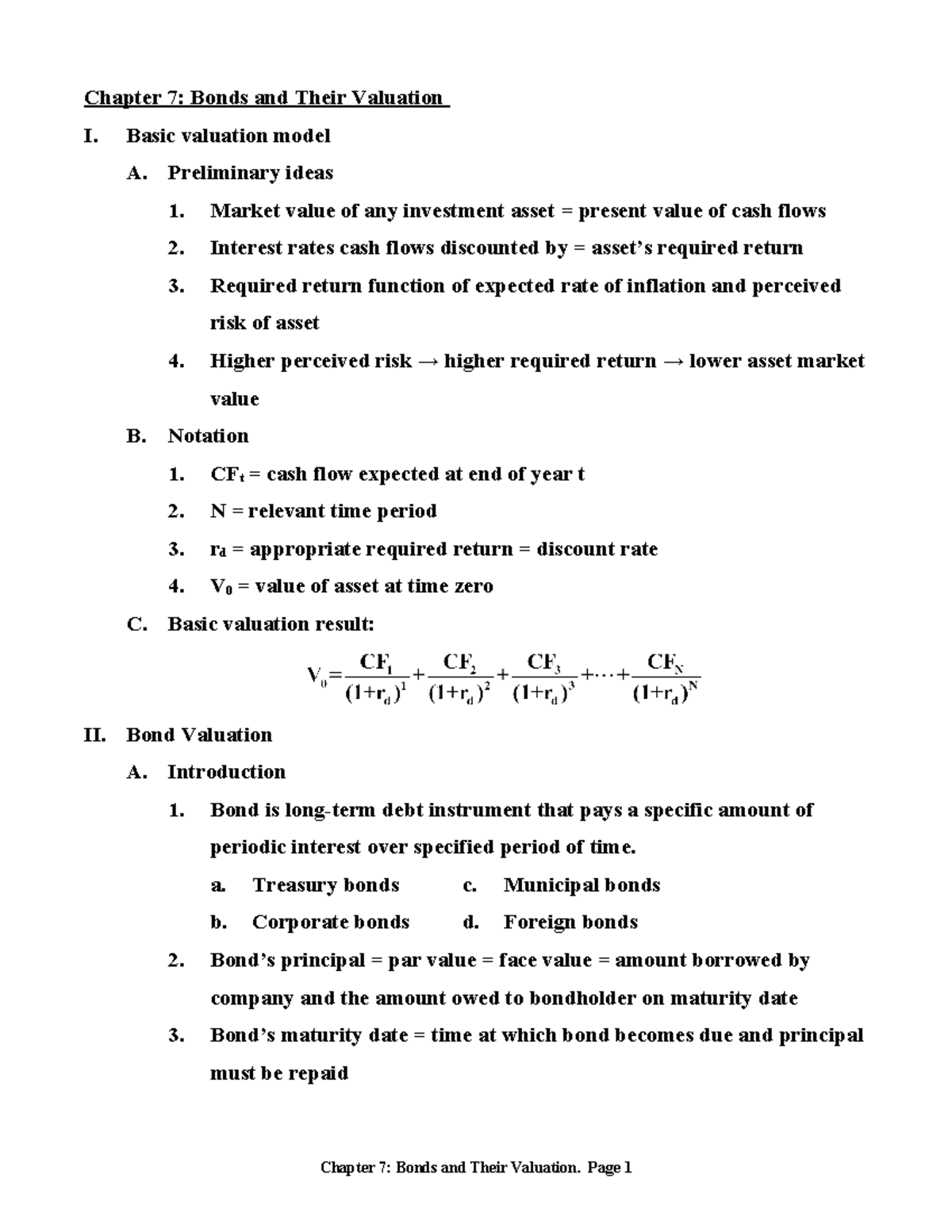 Chapter 7 outline - Chapter 7: Bonds and Their Valuation I. Basic ...