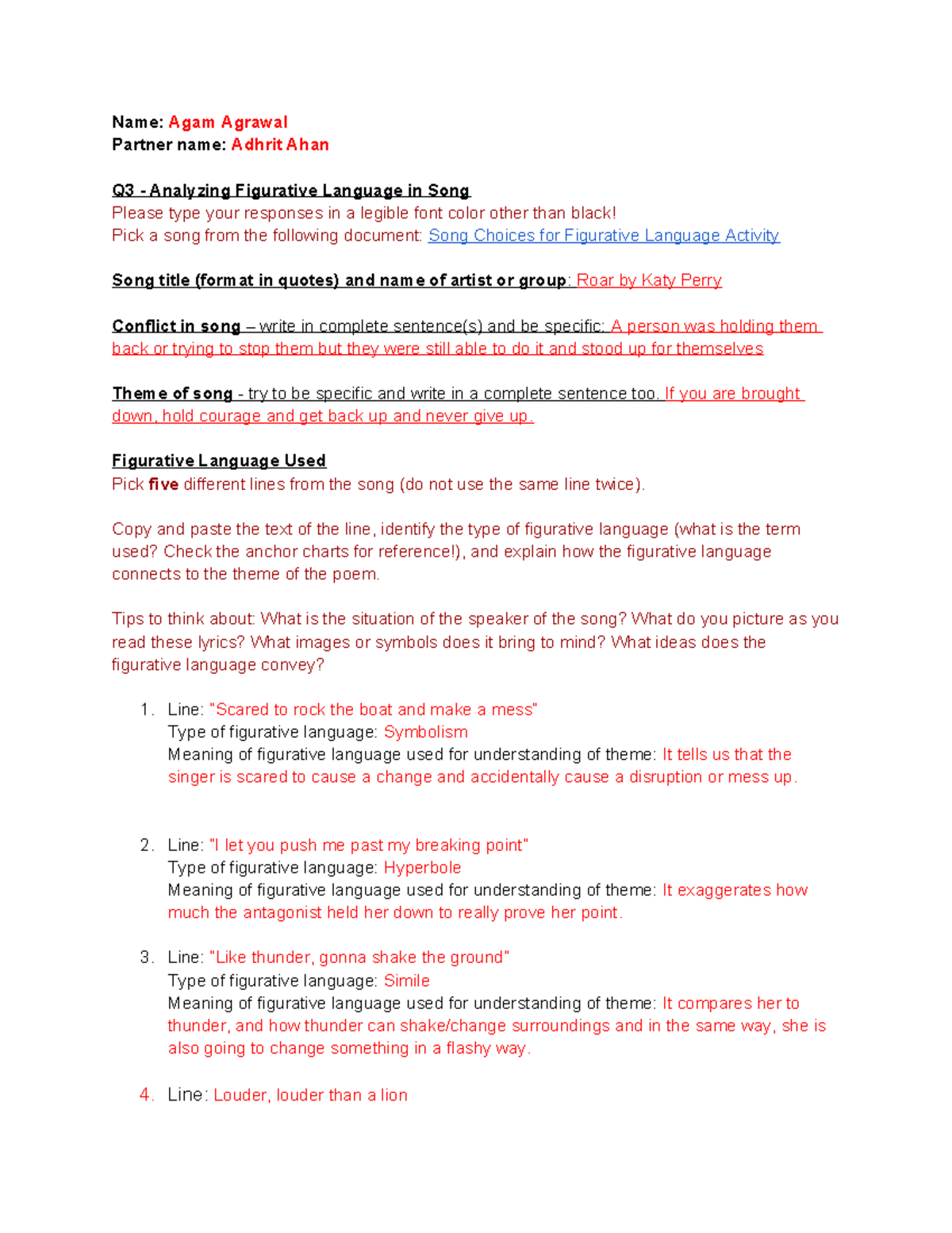 Identifying and Analyzing Figurative Language in Song - Name: Agam ...