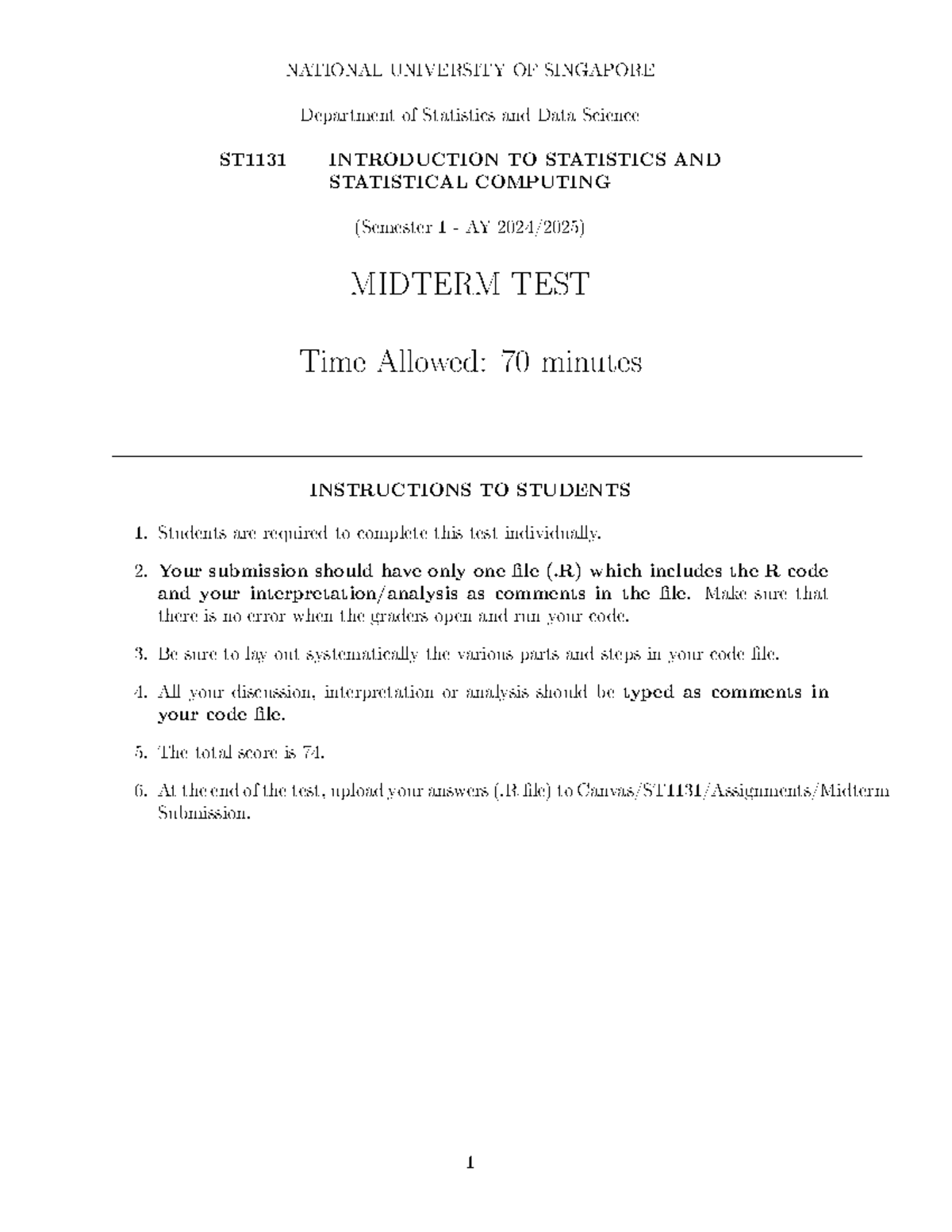 St1131 Midterm Test National University Of Singapore Department Of Statistics And Data Science