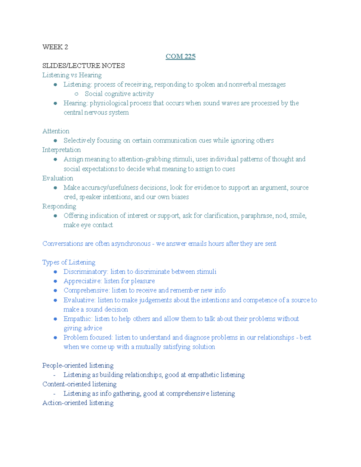 WEEK 2 225 - WEEK 2 COM 225 SLIDES/LECTURE NOTES Listening vs Hearing ...
