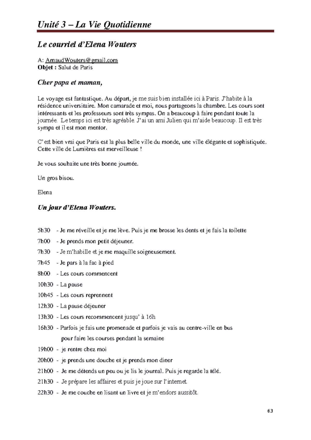 Bienvenue Unite 3 - Important for cts - Unité 3 – La Vie Quotidienne Le ...