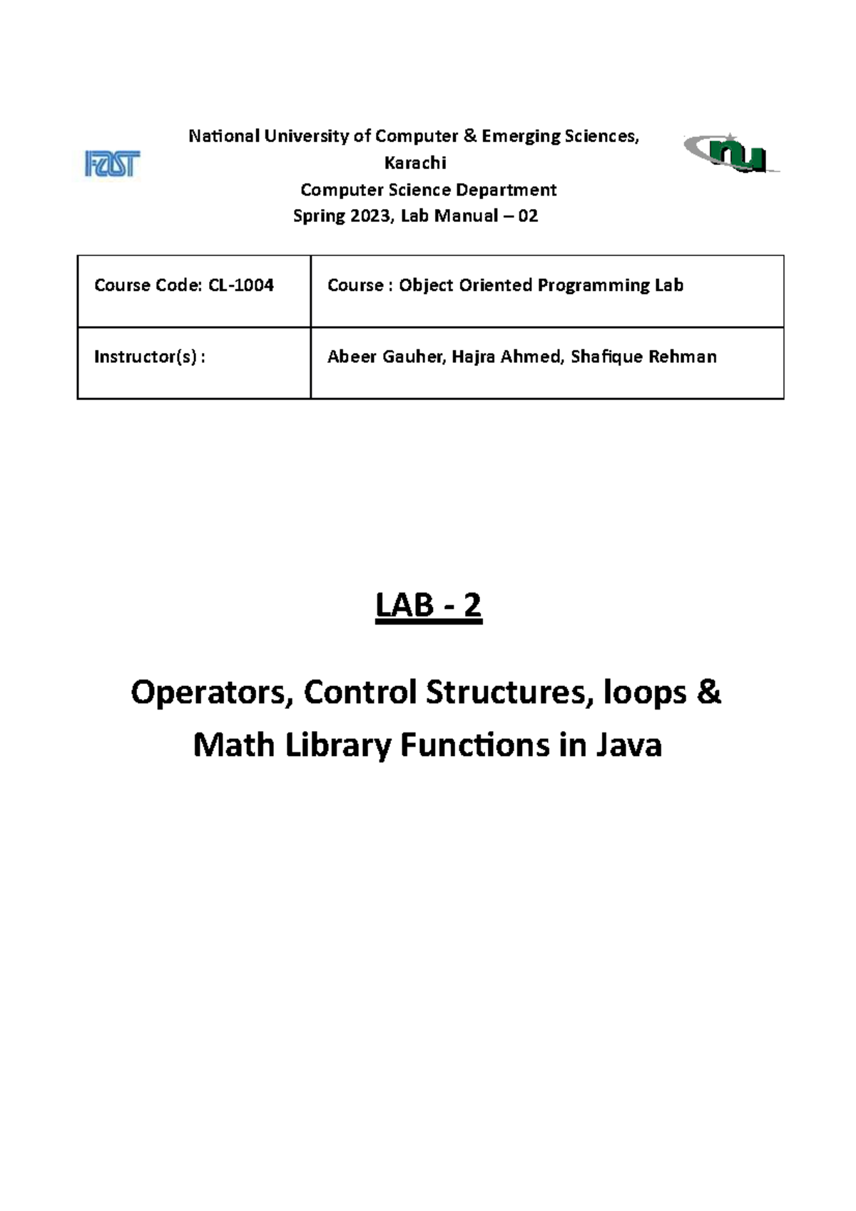 Lab 2 - manual - National University of Computer & Emerging Sciences ...