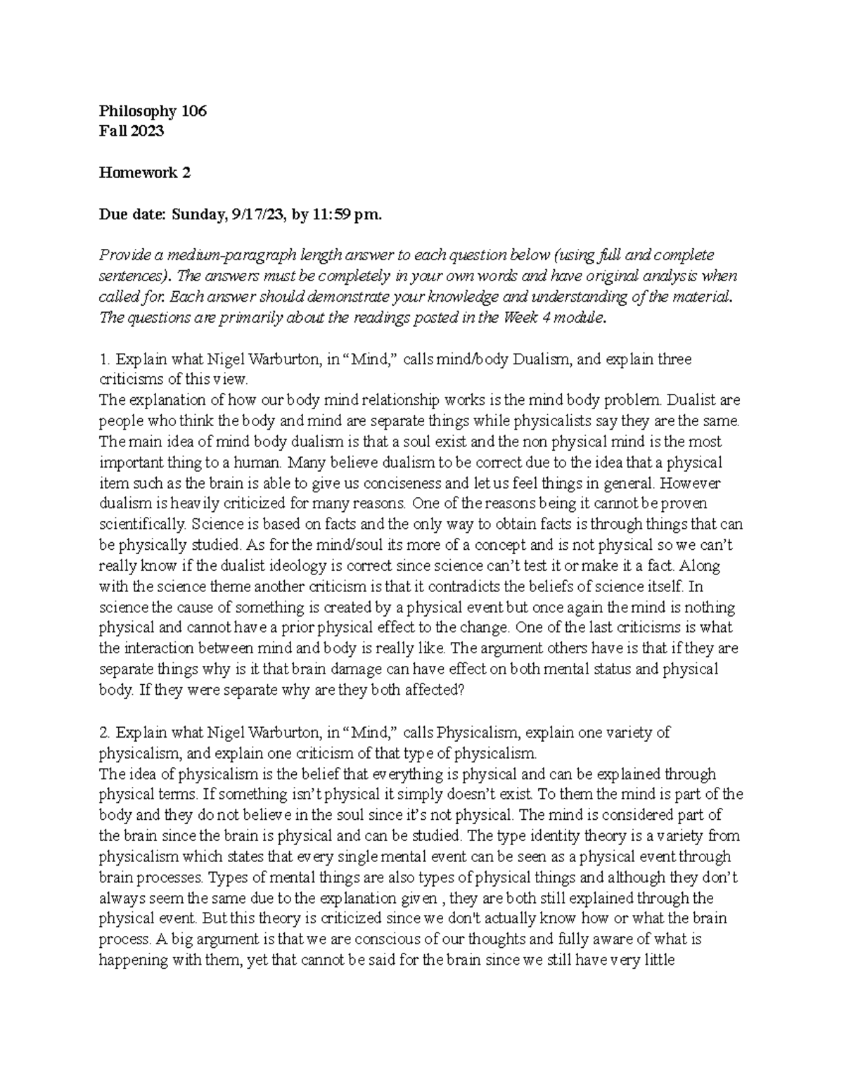 Ph 106 Homework 2 - Philosophy 106 Fall 2023 Homework 2 Due date: Sunday, 9/17/23, by 11:59 pm ...