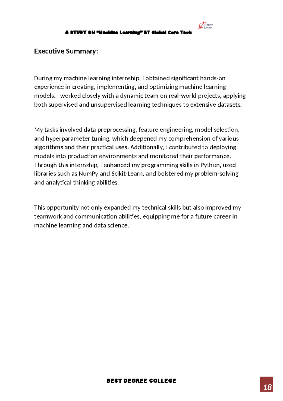 Internship Report BU - Executive Summary: During my machine learning ...