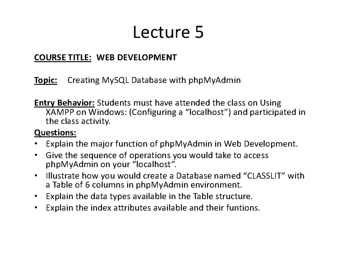 Lecture 5 My Sql Database Lecture 5 Course Title Web Development