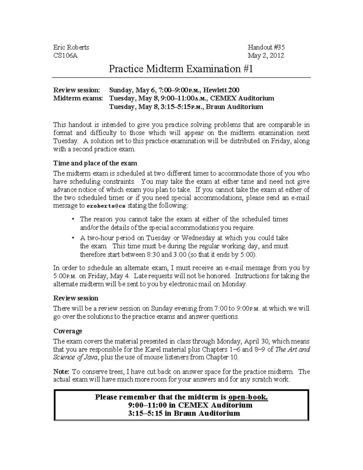 35-Practice Midterm 1 - Eric Roberts Handout # CS106A May 2, 2012 Practice Midterm Examination ...