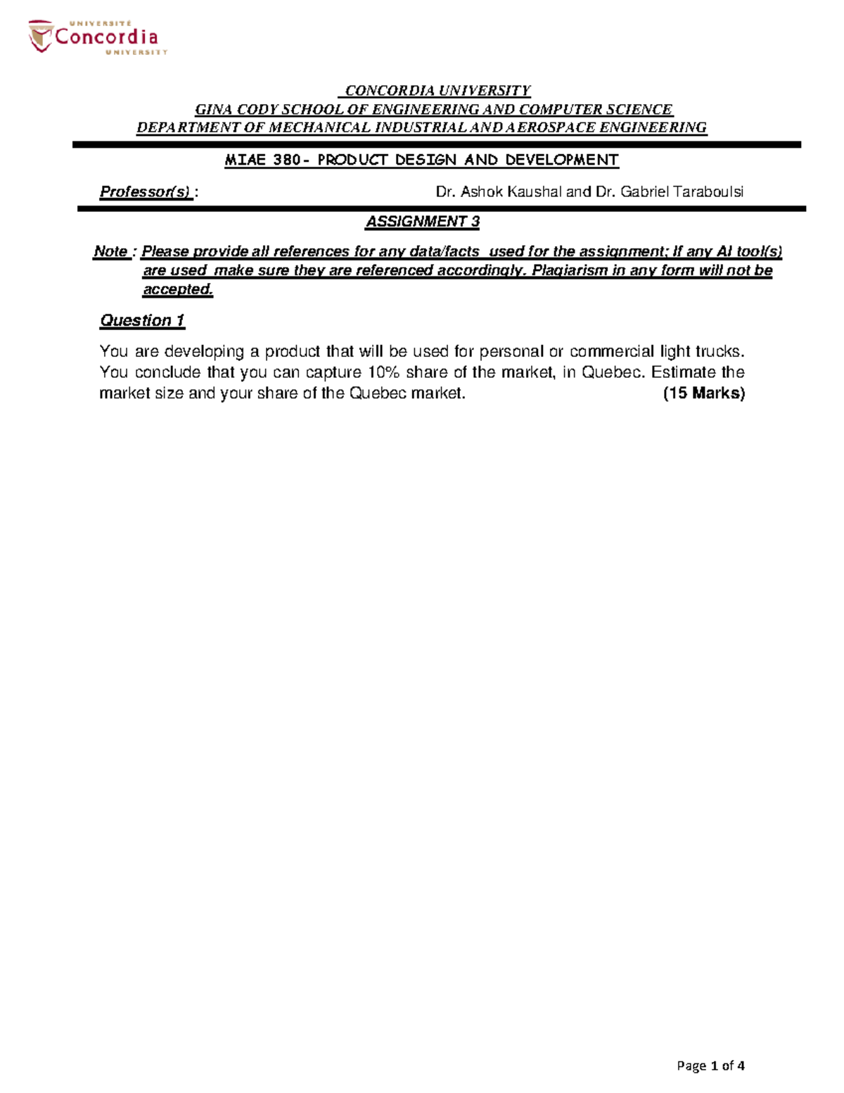 MIAE 380 - Assignment 3 - Winter 2024 - CONCORDIA UNIVERSITY GINA CODY SCHOOL OF ENGINEERING AND ...