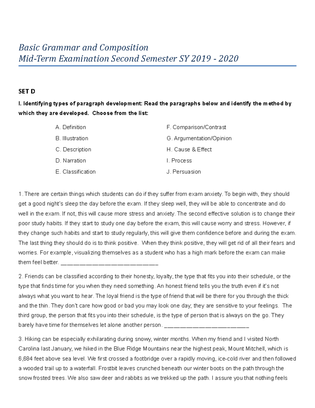 Midterm Exam English Literature - BS Psychology - Studocu