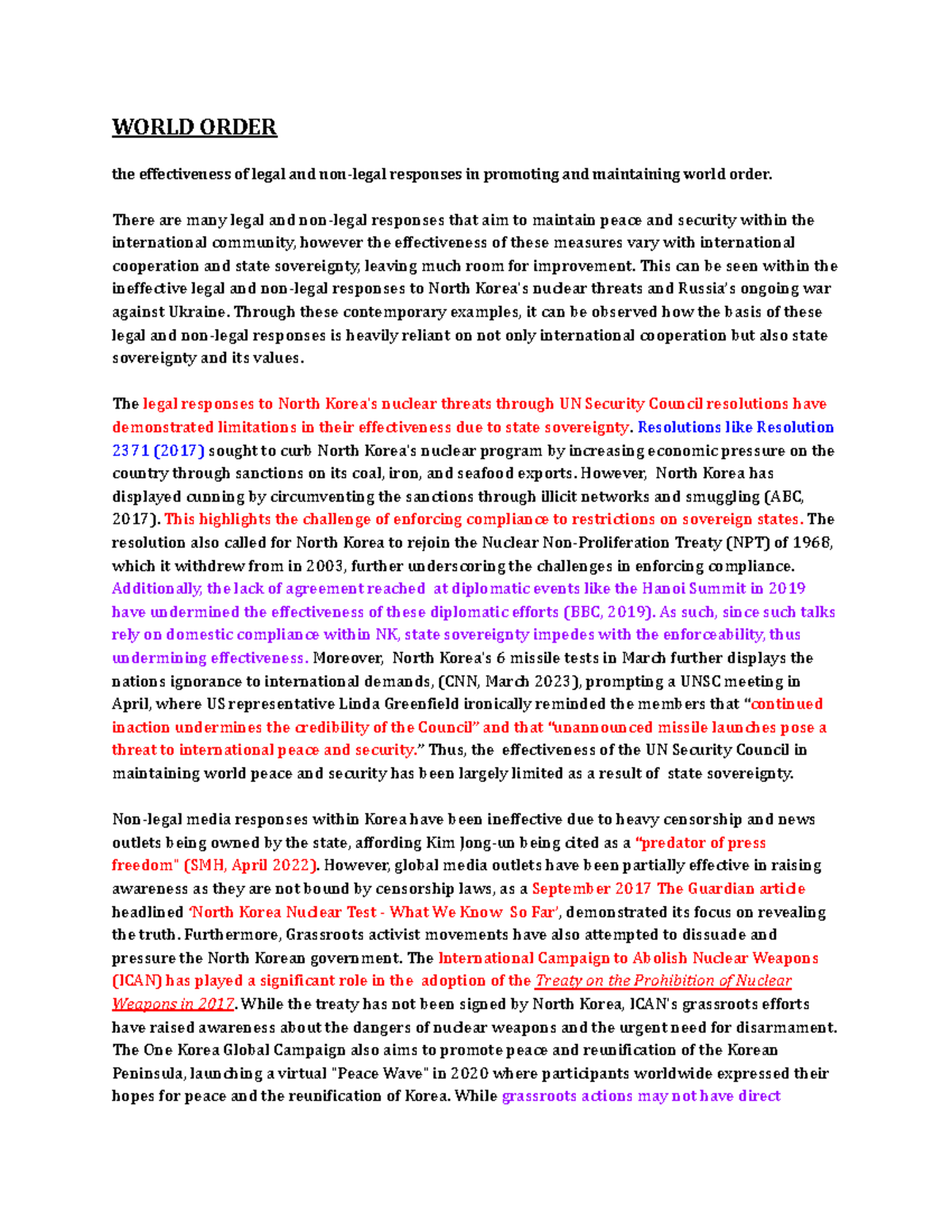 Final HSC Legal Essays - WORLD ORDER the effectiveness of legal and non ...