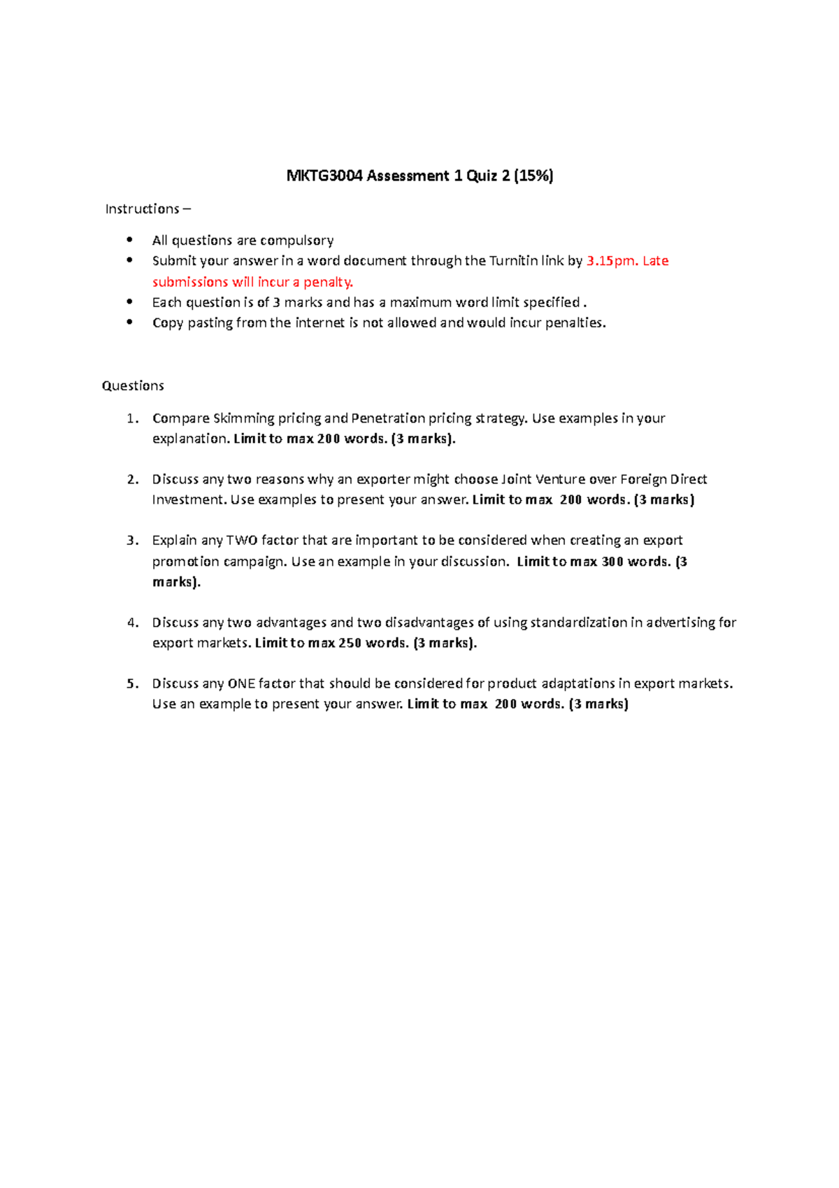 ESA quiz 2 V1 - QUIZ - MKTG3004 Assessment 1 Quiz 2 (15%) Instructions ...
