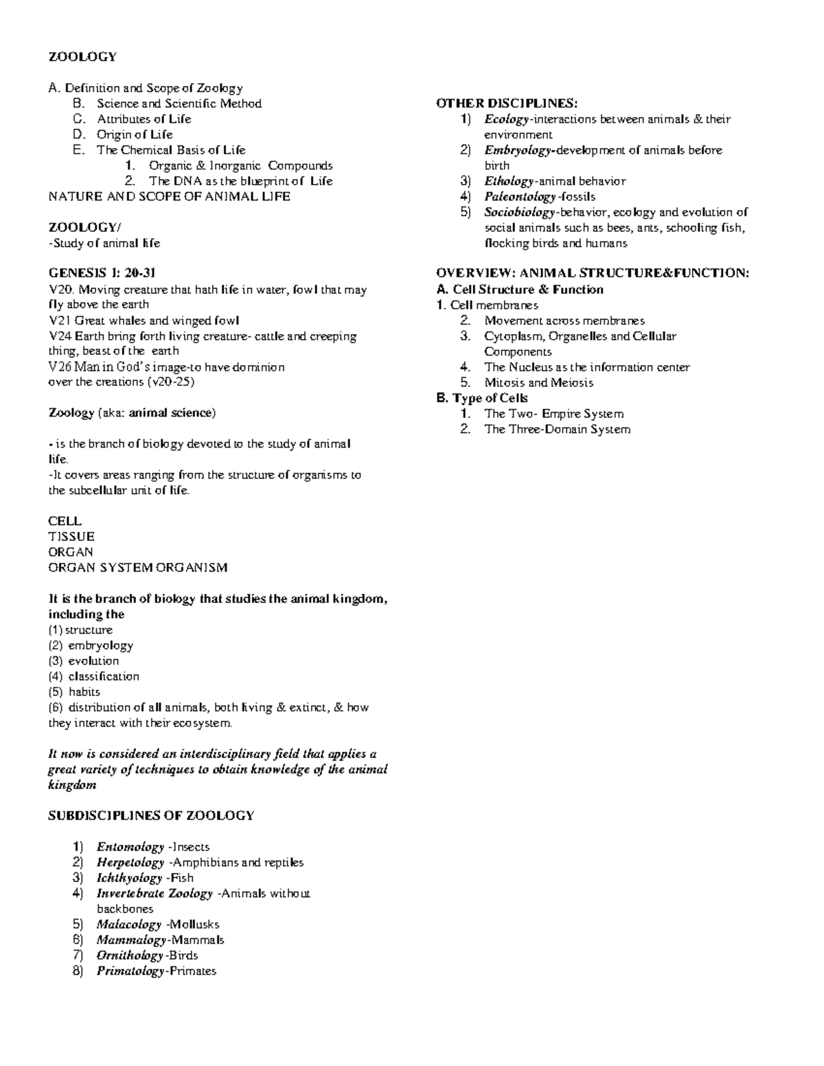 Introduction- Zoology - ZOOLOGY A. Definition and Scope of Zoology B ...