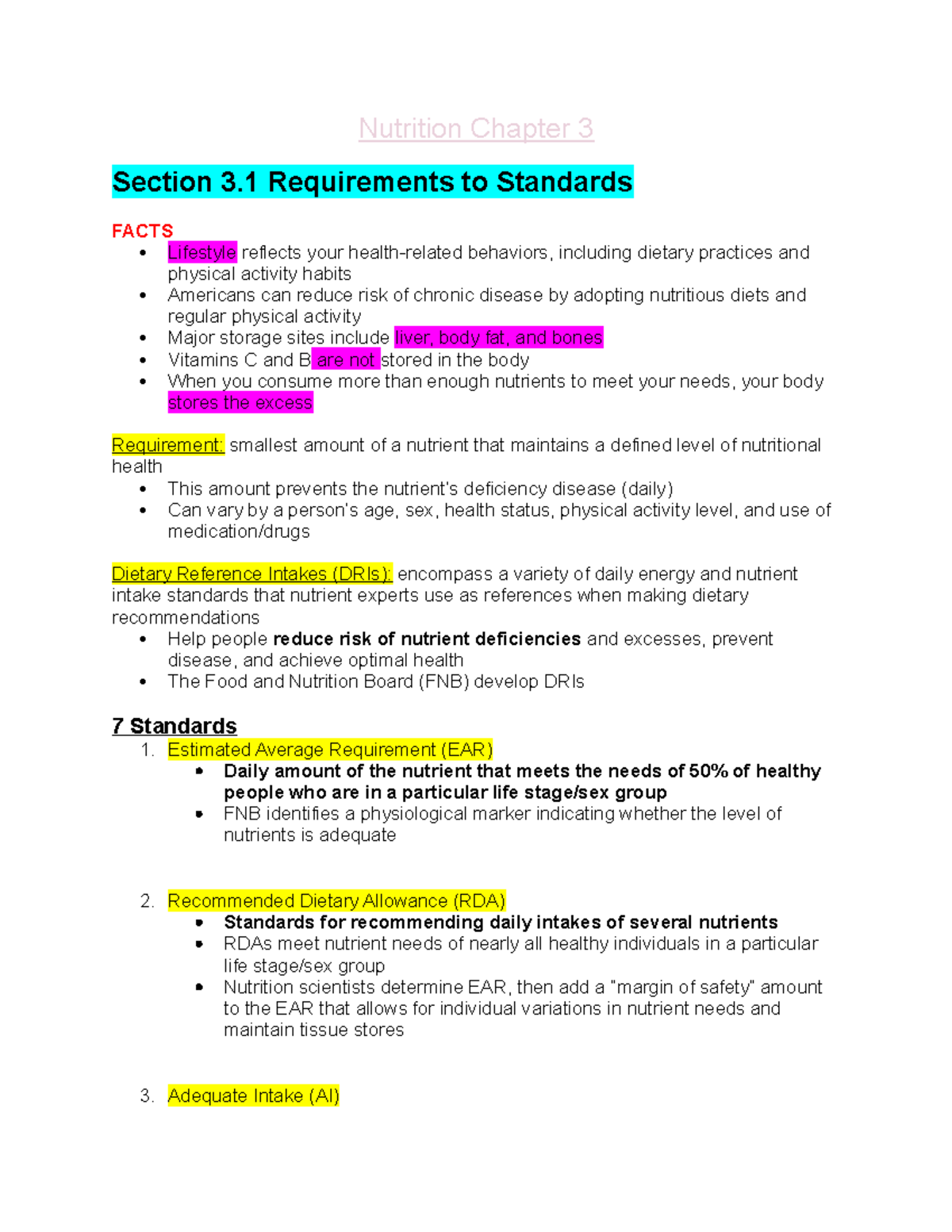 Nutrition Chapter 3 - Estimated Average Requirement (EAR) Daily amount ...