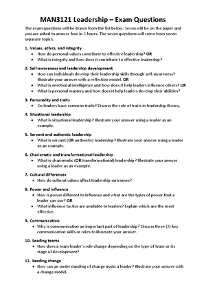 Leadership Exam Questions (2019 S1) - MAN3121 Leadership – Exam ...