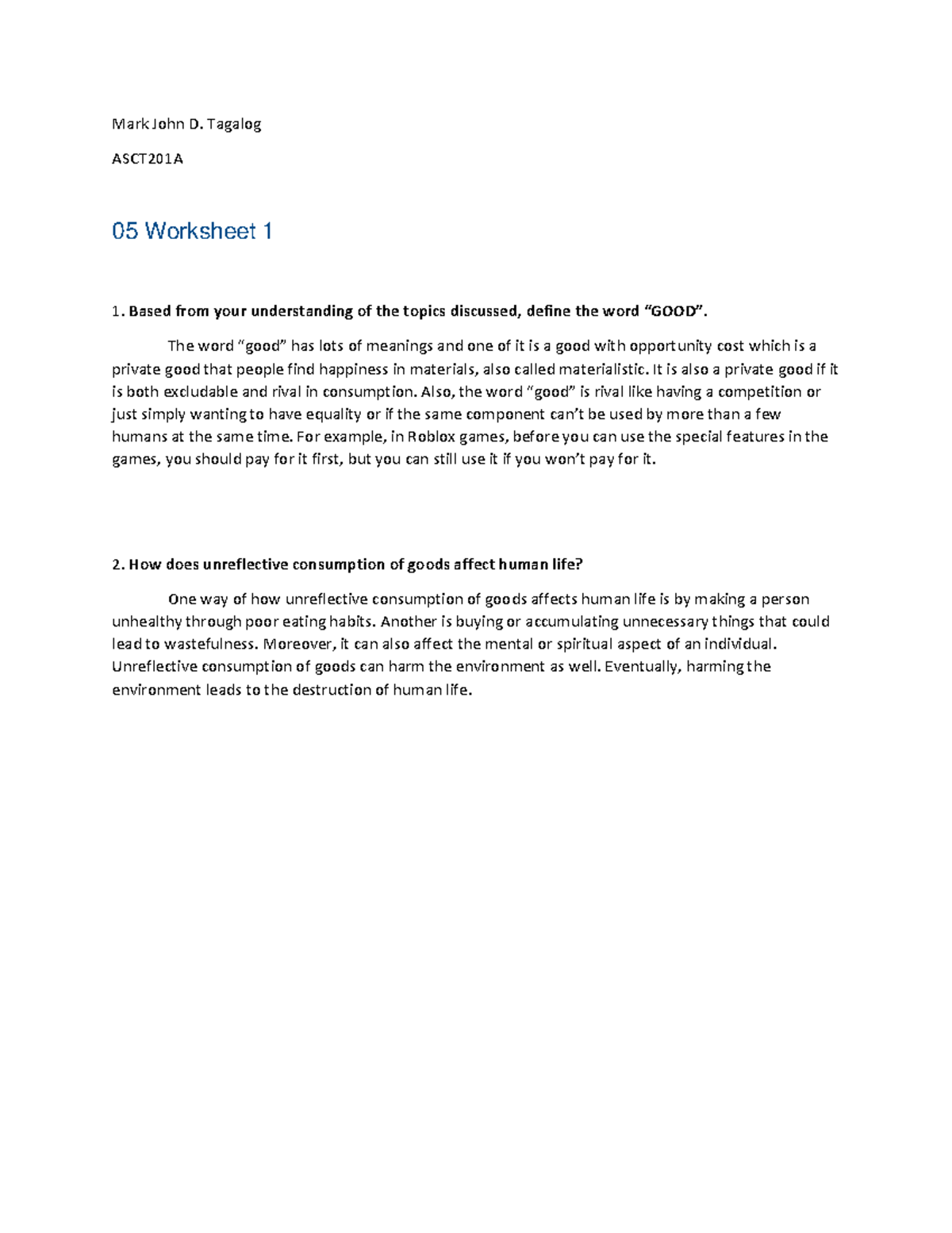 05-Worksheet-1 - none - Mark John D. Tagalog ASCT201A 05 Worksheet 1 ...