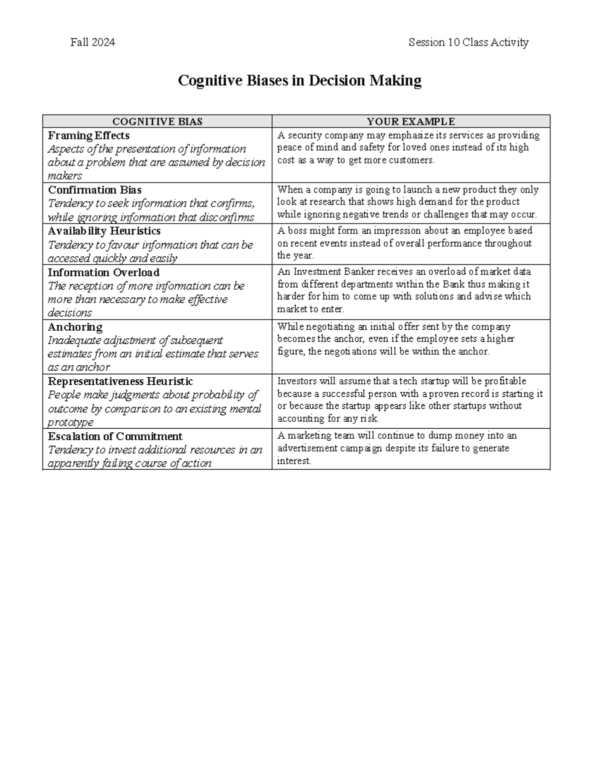 Bias in Decision Making (Class Activity Session 10) - Fall 2024 Session ...