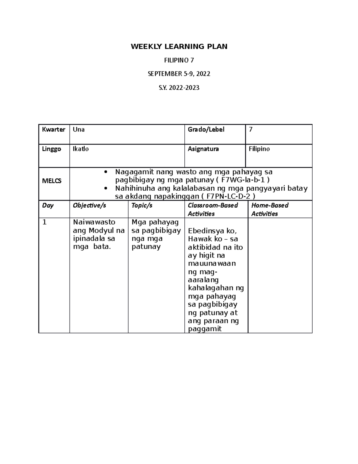 Filipino 7 Weekly Learning PLAN 3 - WEEKLY LEARNING PLAN FILIPINO 7 ...
