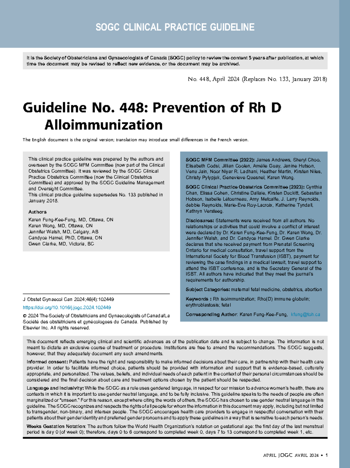 RRO5 - 2024 - Prevention of Rh D Alloimmunization - SOGC CLINICAL ...