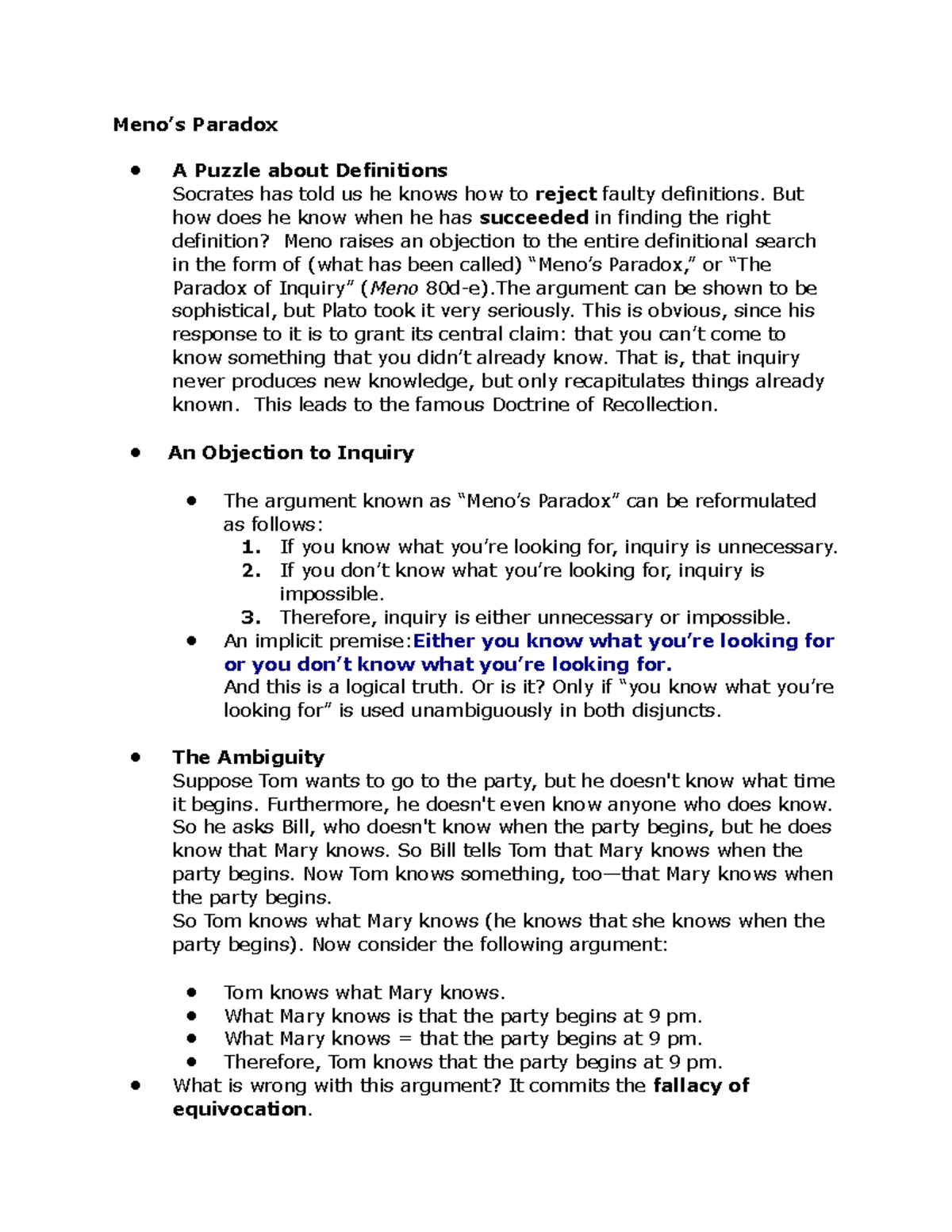 Phil 20 - Meno's paradox philosophy class notes - Meno’s Paradox - A ...