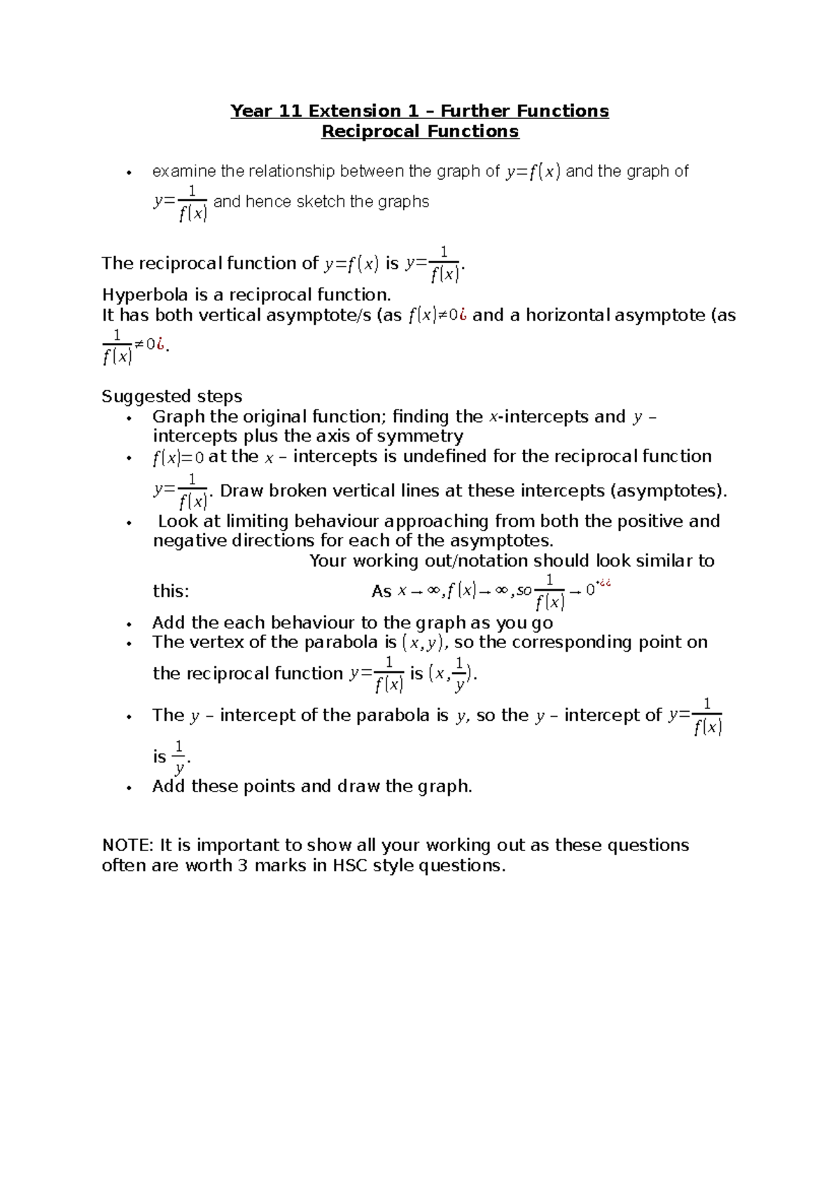 Year 11 Extension 1 Notes Reciprocal Function - Year 11 Extension 1 ...