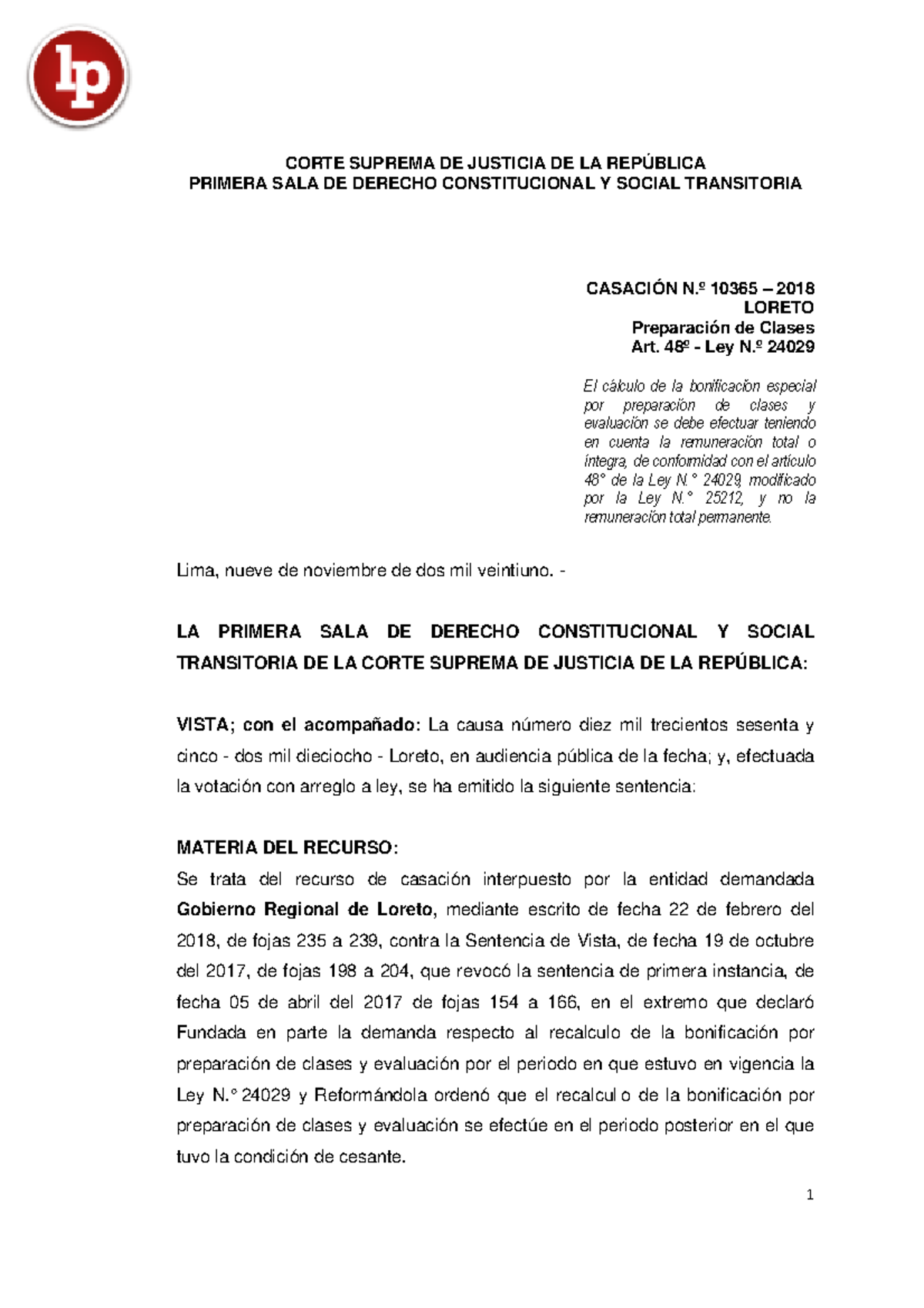Casacion 10365 2018 Loreto LPDerecho - PRIMERA SALA DE DERECHO CONSTITUCIONAL Y SOCIAL ...