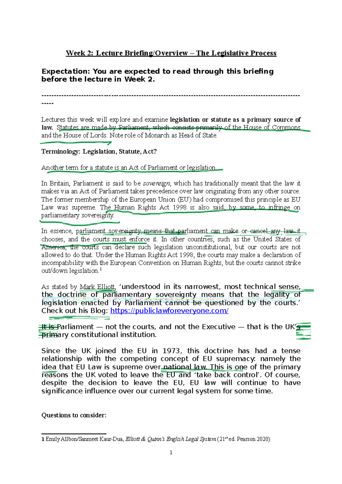 ELS briefing 2 - Week 2: Lecture Briefing/Overview – The Legislative ...