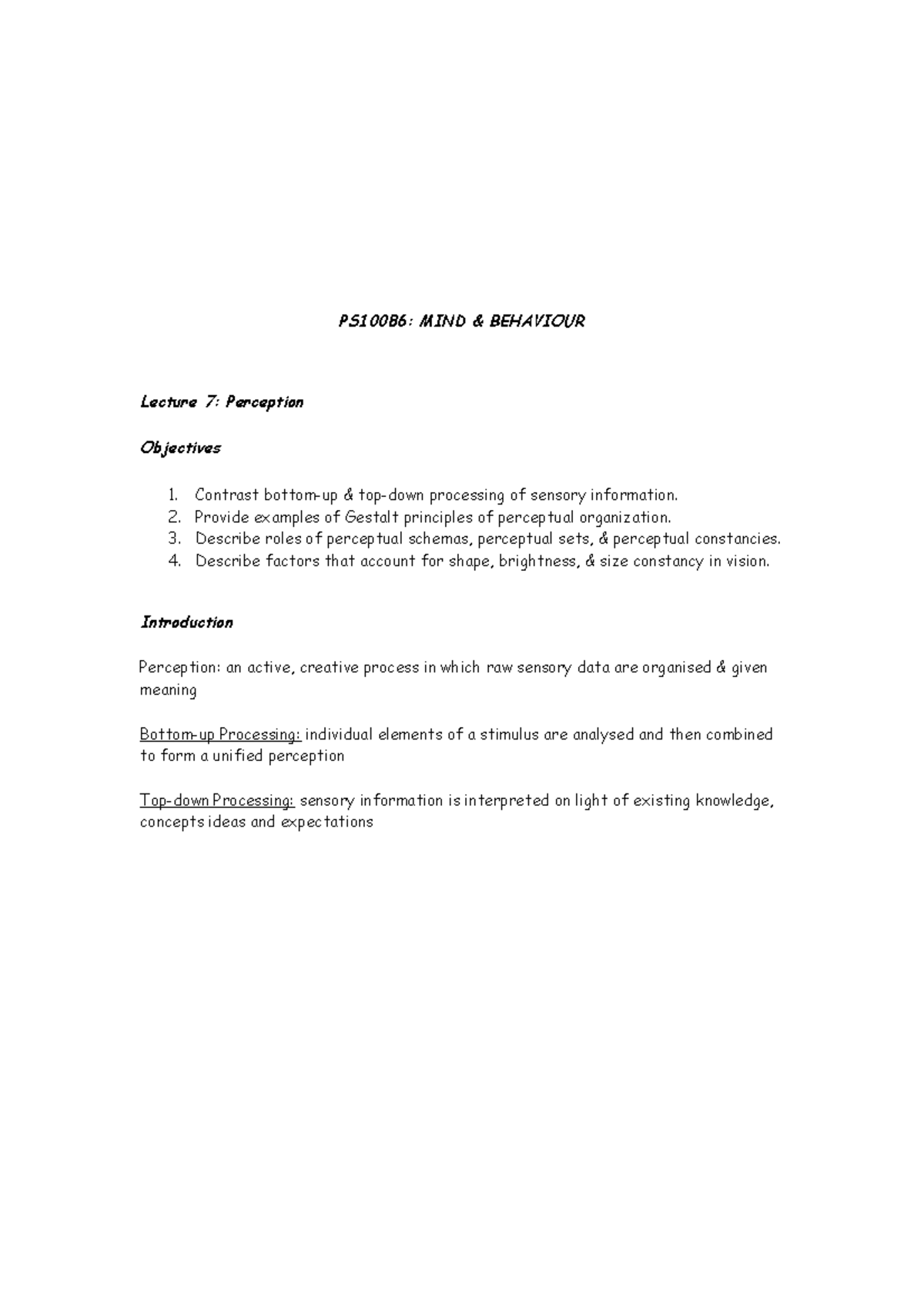 Completed handout for lecture 7a Ian - Sensation and Perception - PS10086: MIND & BEHAVIOUR ...
