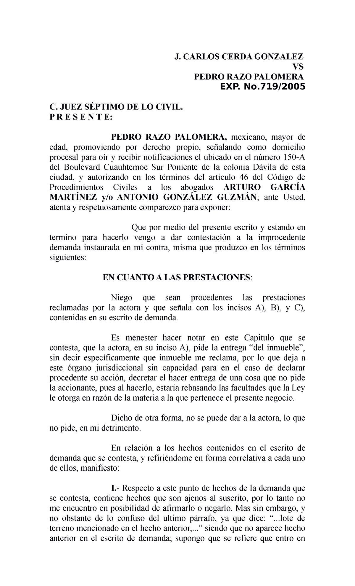 Contestacion Pedro RAZO - J. CARLOS CERDA GONZALEZ VS PEDRO RAZO ...