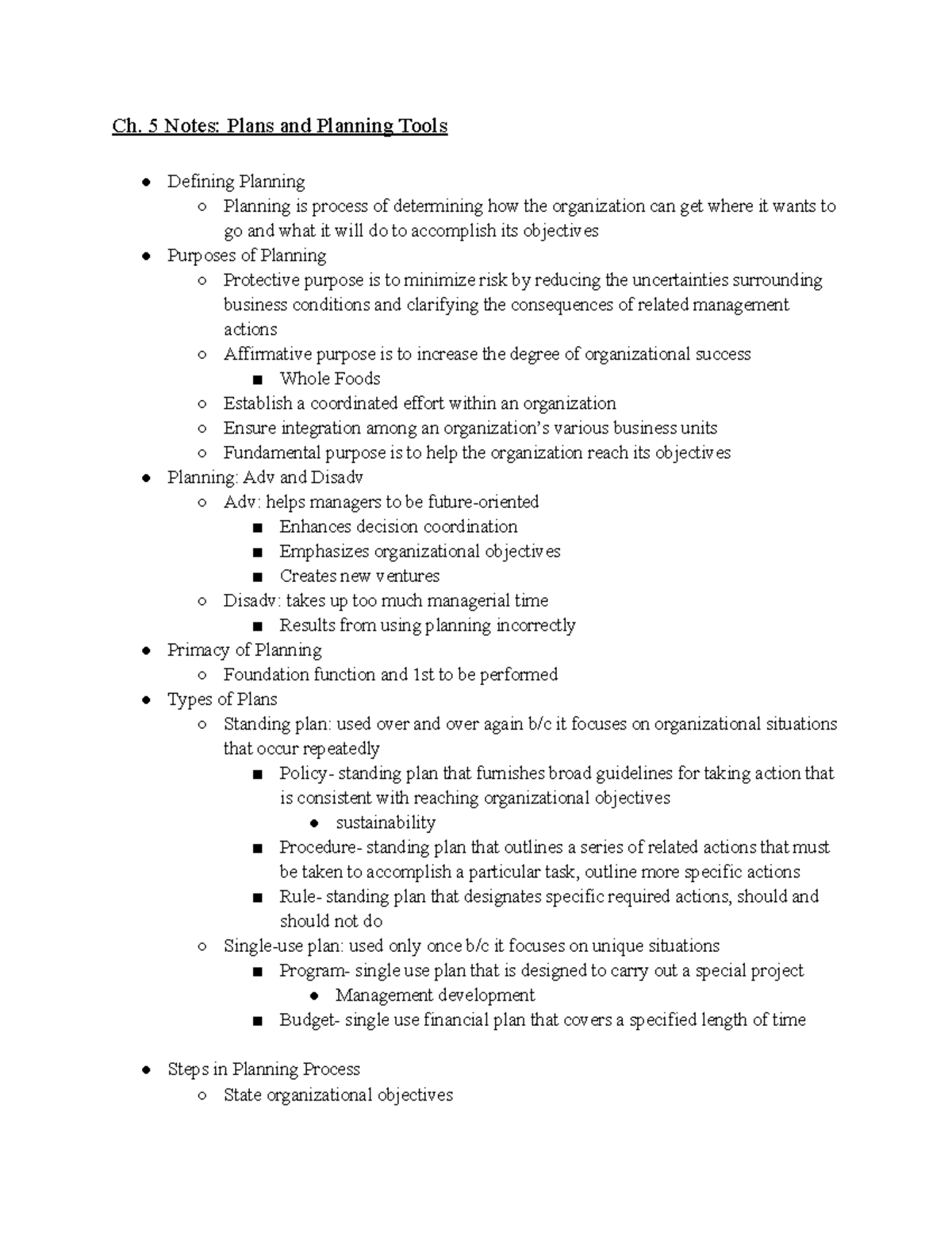 Ch. 5 Notes - Summer online class - Ch. 5 Notes: Plans and Planning ...