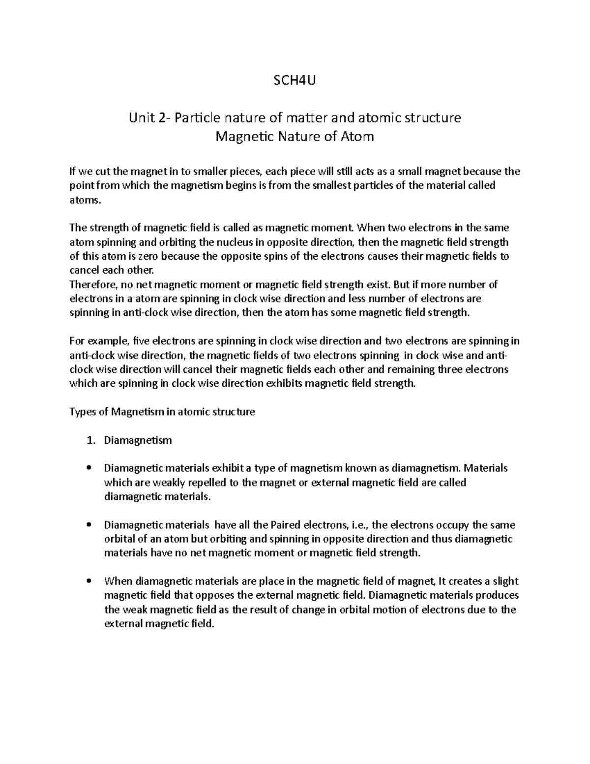 Magnetic Nature of Atom - SCH4U Unit 2- Particle nature of matter and ...