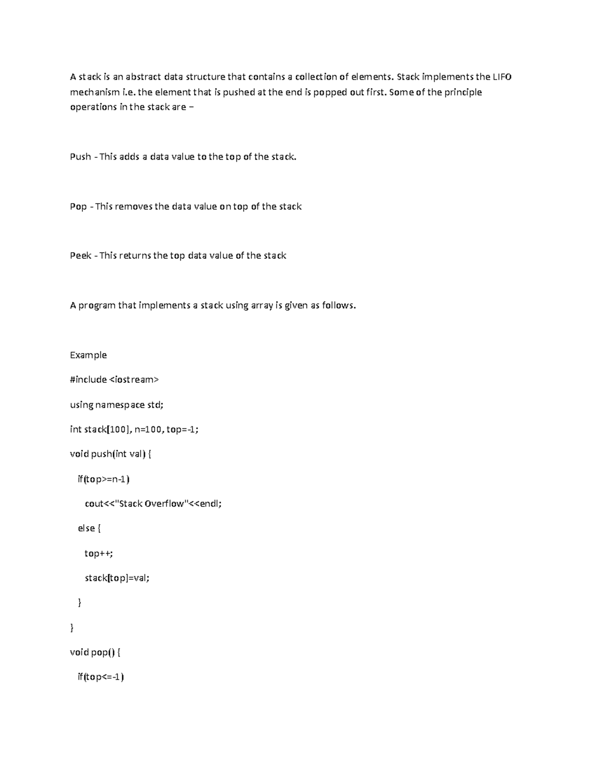 Stack implemenatation using array - A stack is an abstract data ...