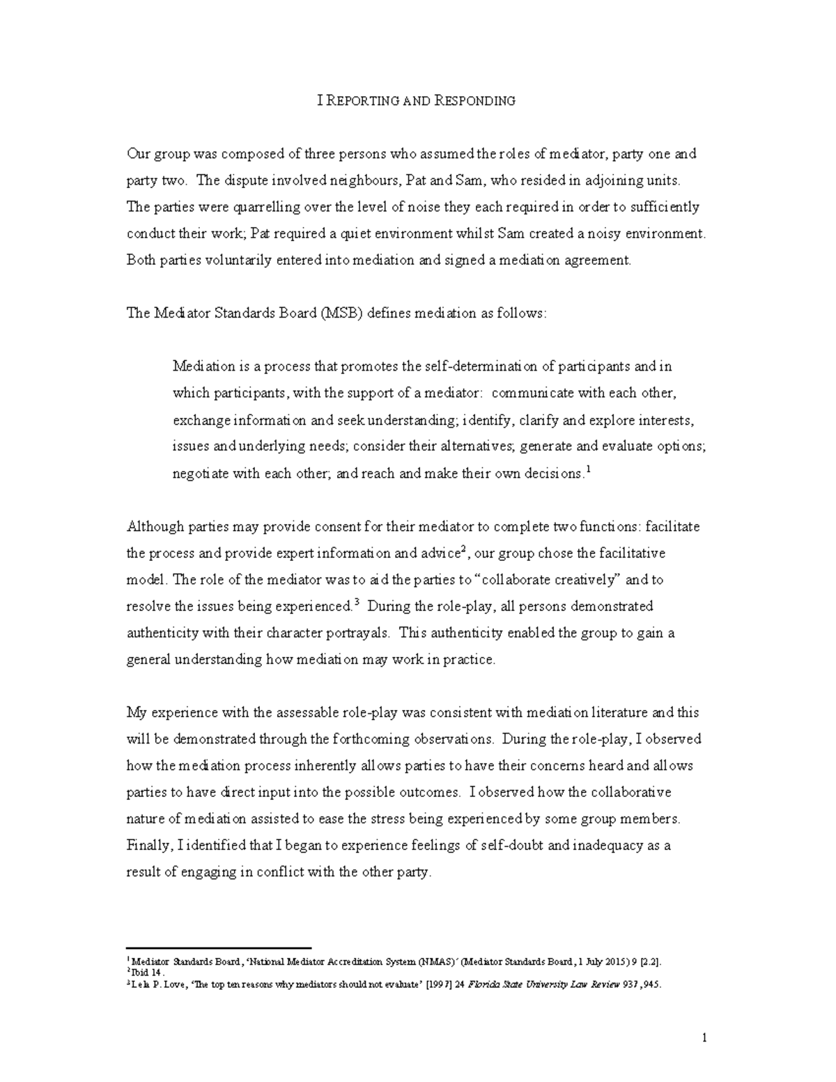 LLB103 role play reflection 2019 high 7 - I REPORTING AND RESPONDING ...