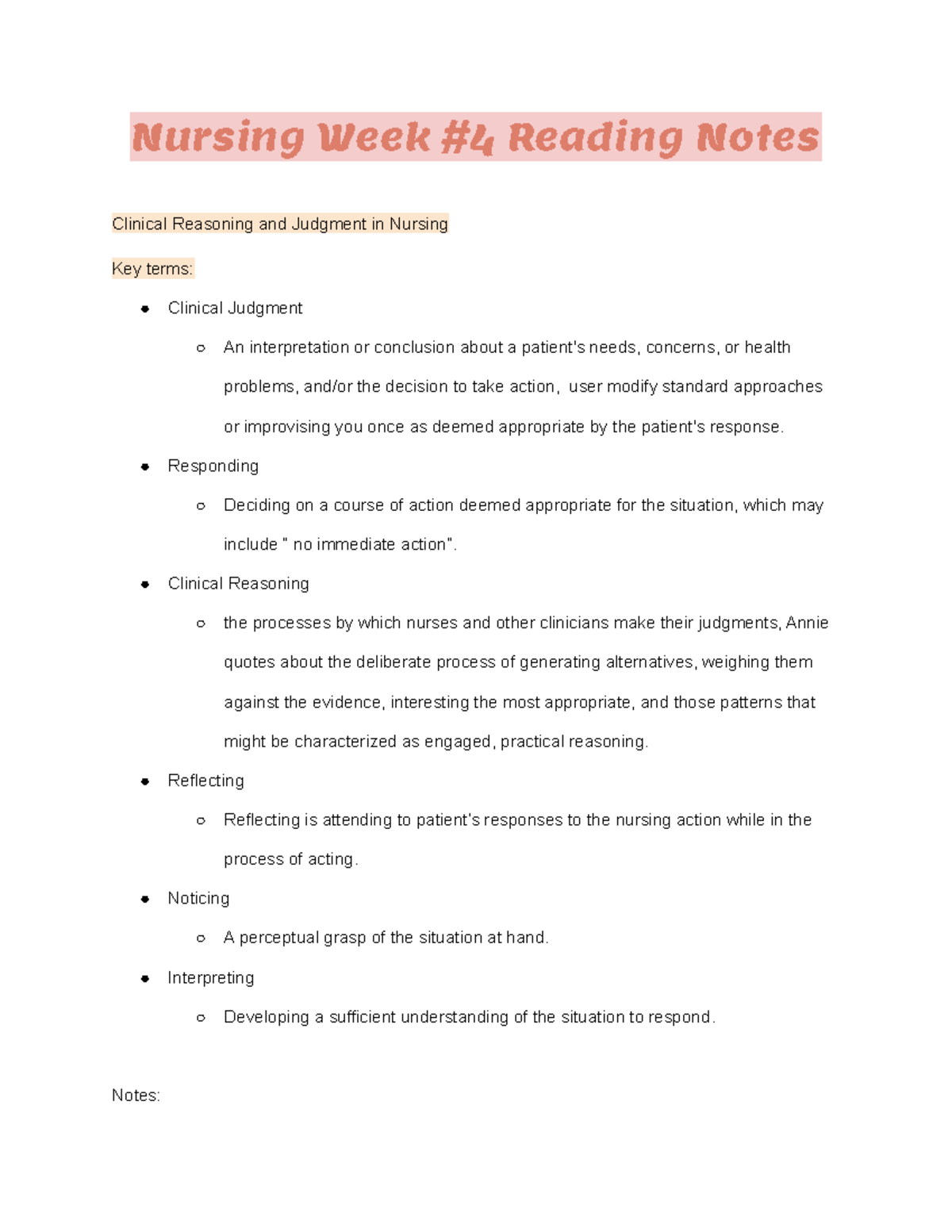 Nursing Week #4 Reading Notes - Nursing Week #4 Reading Notes Clinical ...