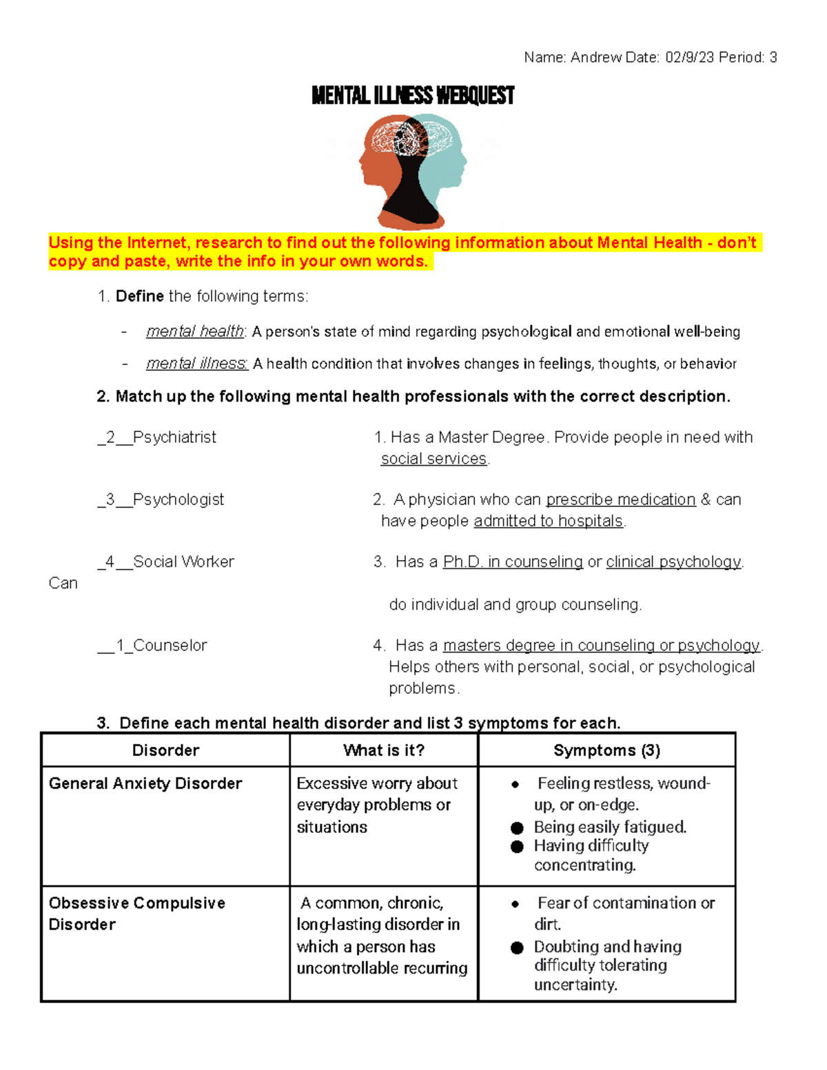 Mental Health Webquest - Chico, Andrew - Name: Andrew Date: 02/9/23 ...