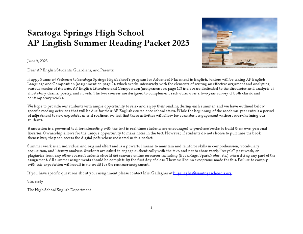 AP Summer Reading 2023 (1) 2 - Saratoga Springs High School AP English ...