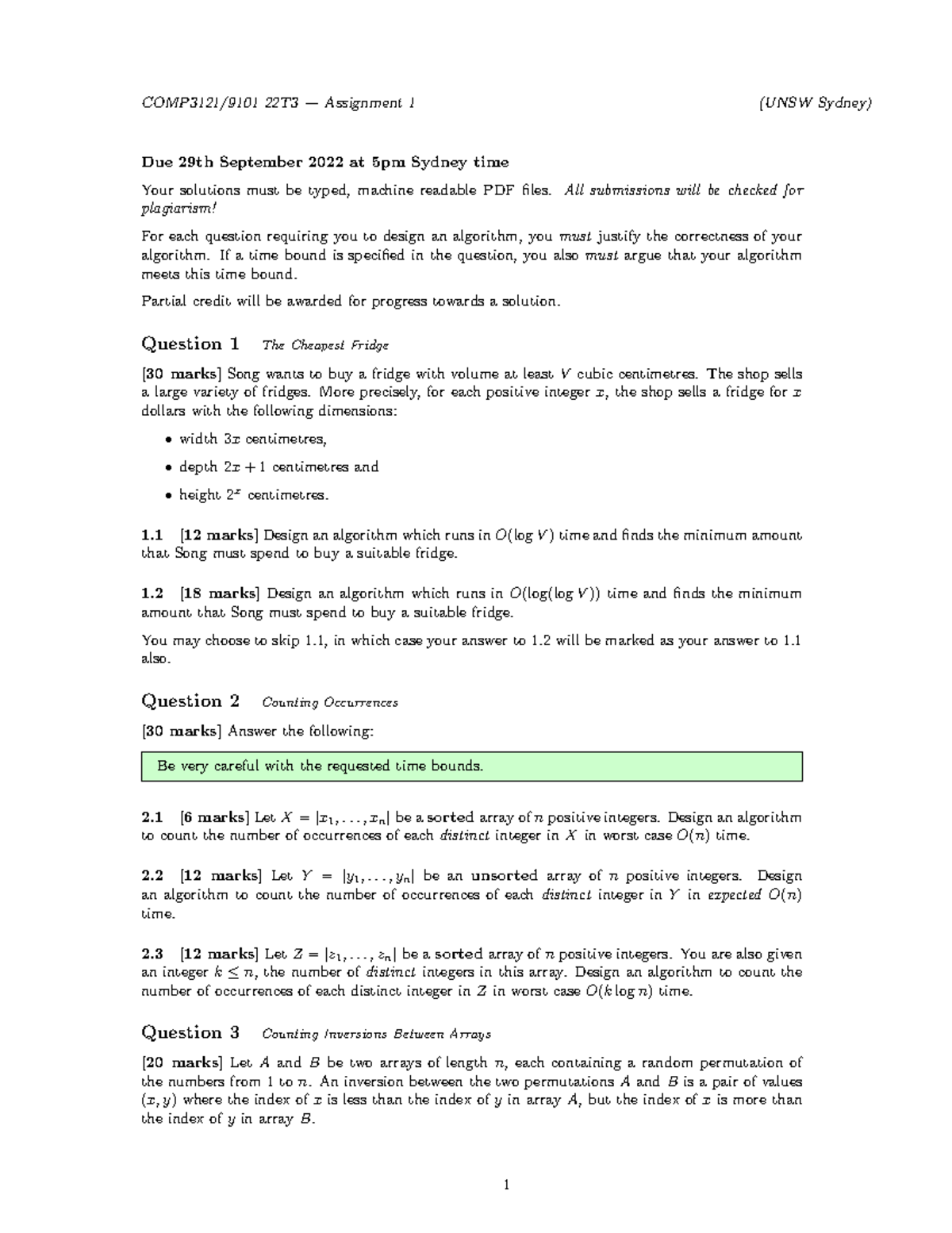 Assignment 1 - All submissions will be checked for plagiarism! For each question requiring you ...