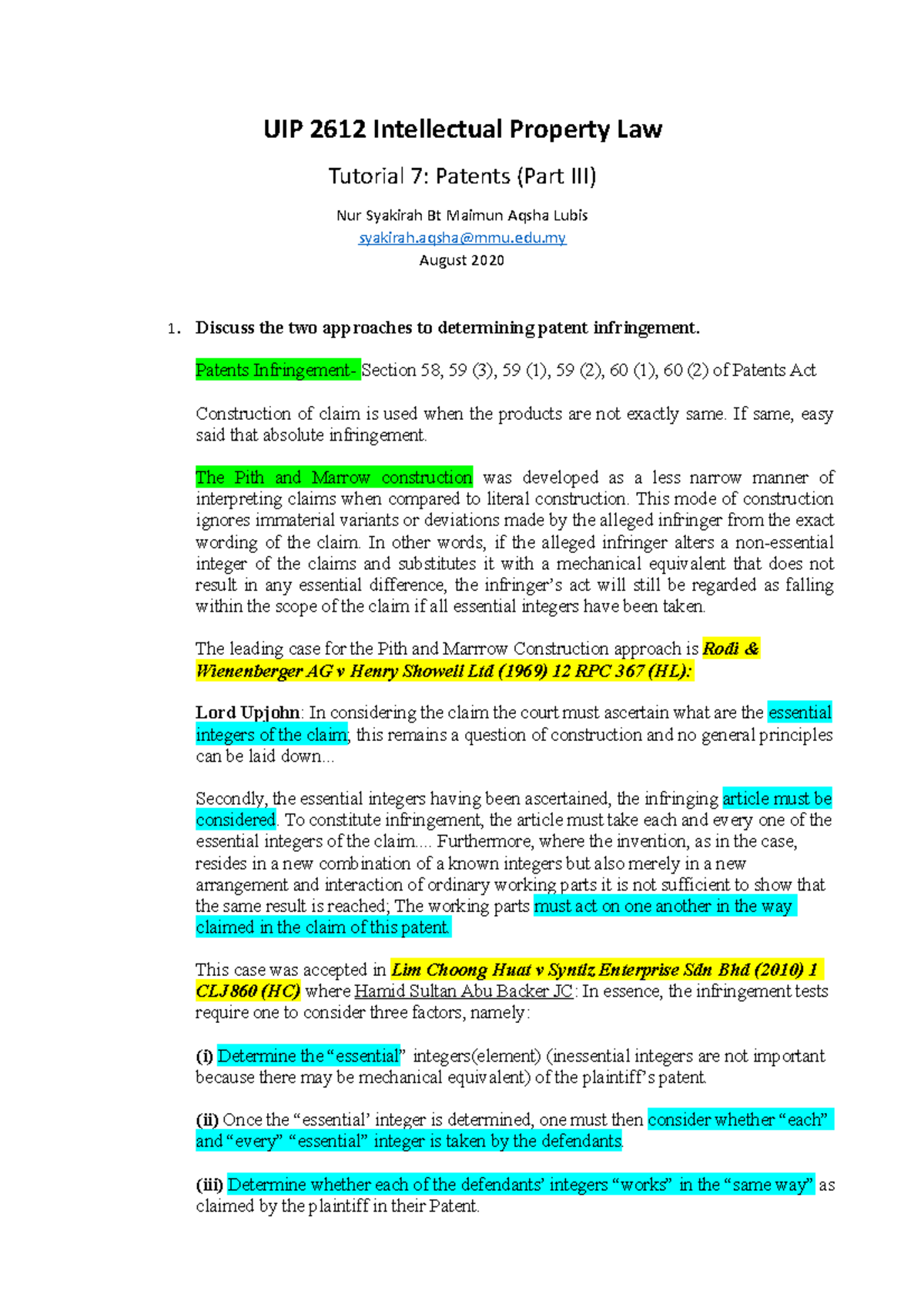 UIP2612 - Tutorial 7 (Patent III) - UIP 2612 Intellectual Property Law ...