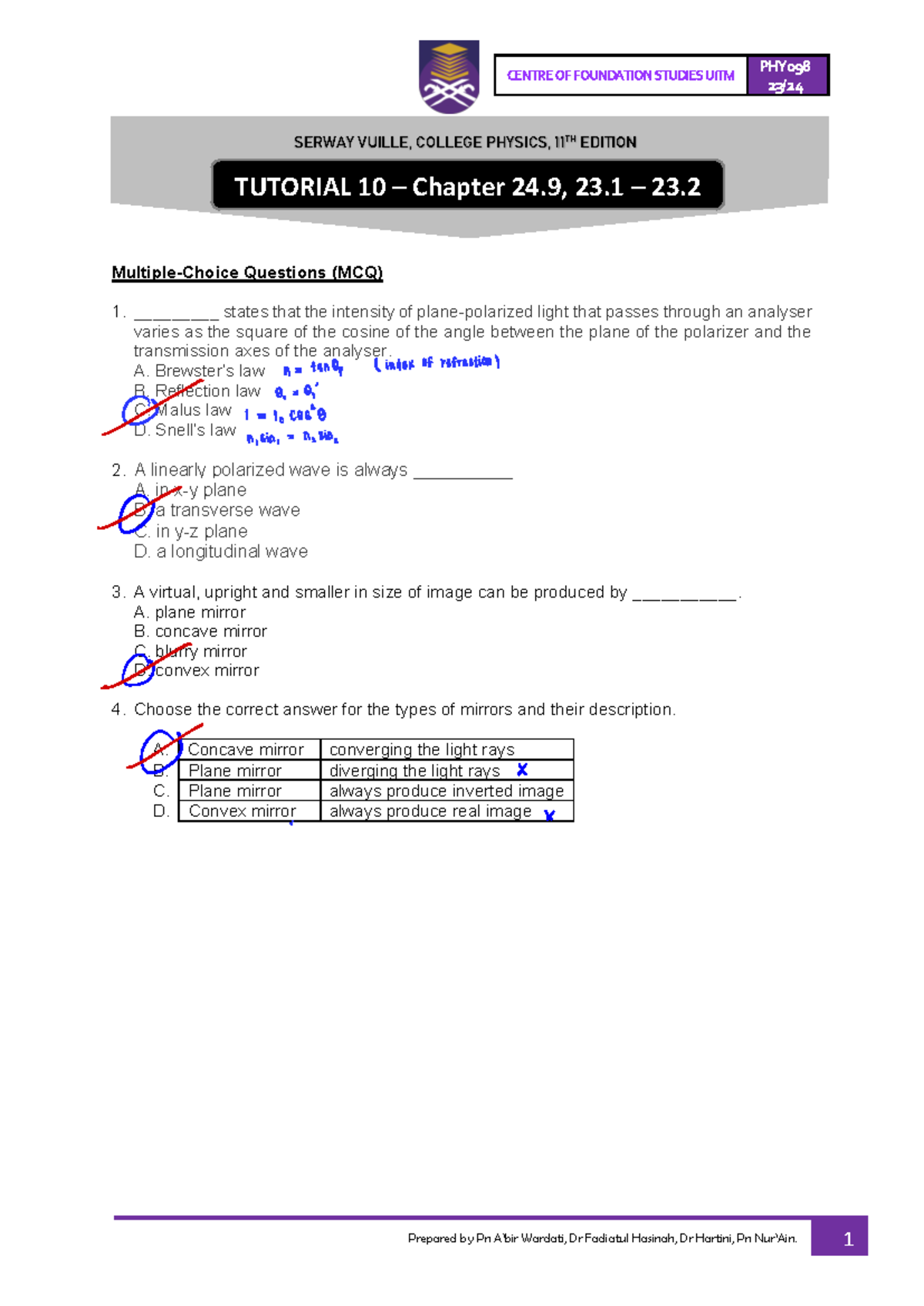 Tutorial Q-10 - chapter 24.9 - CENTRE OF FOUNDATION STUDIES UiTM PHY 23/ Prepared by Pn A’bir ...