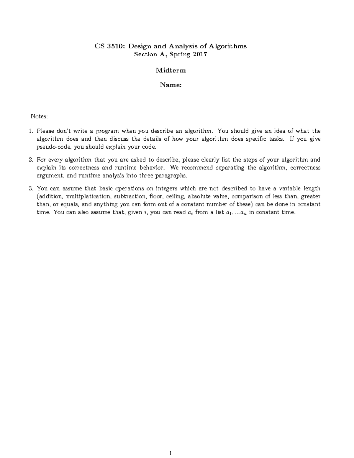 Midterm Spring 2017 Cs 3510 Design And Analysis Of Algorithms Section A Spring 2017