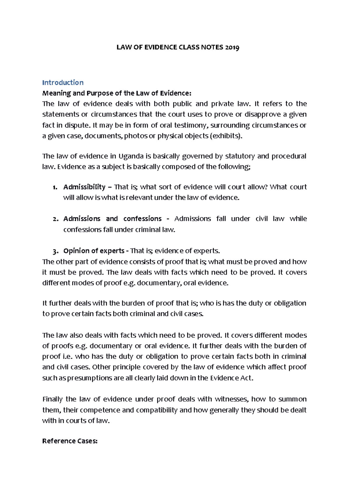 LAW OF Evidence Class Notes 2019 - LAW OF EVIDENCE CLASS NOTES 2019 ...