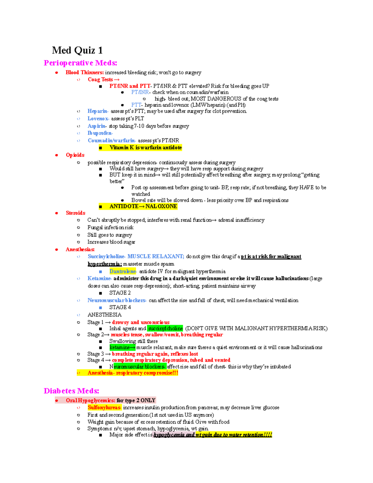 Review and Study Guide: Medication sheet 1 - Med Quiz 1 Perioperative ...